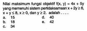 Nilai maksimum fungsi objektif f(x, y)=4x+5y yang memenuh...