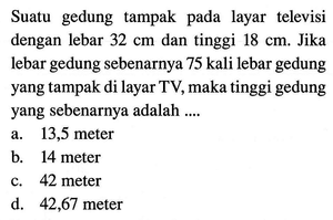 Suatu gedung tampak pada layar televisi dengan lebar 32 c...