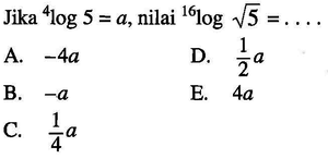 Jika 4log5=a, nilai 16log(akar(5))=