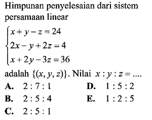 Himpunan penyelesaian dari sistem persamaan linear x+y-z=...