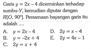 Garis y=2x-4 dicerminkan terhadap sumbu-Y, kemudian diput...