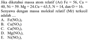 Jika diketahui massa atom relatif (Ar) Fe=56, Ca= 40,