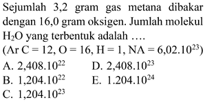 Sejumlah 3,2 gram gas metana dibakar dengan 16,0 gram oks...