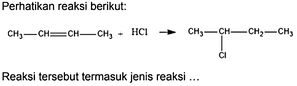 Perhatikan reaksi berikut: CH3 - CH = CH - CH3 - HCl -> C...